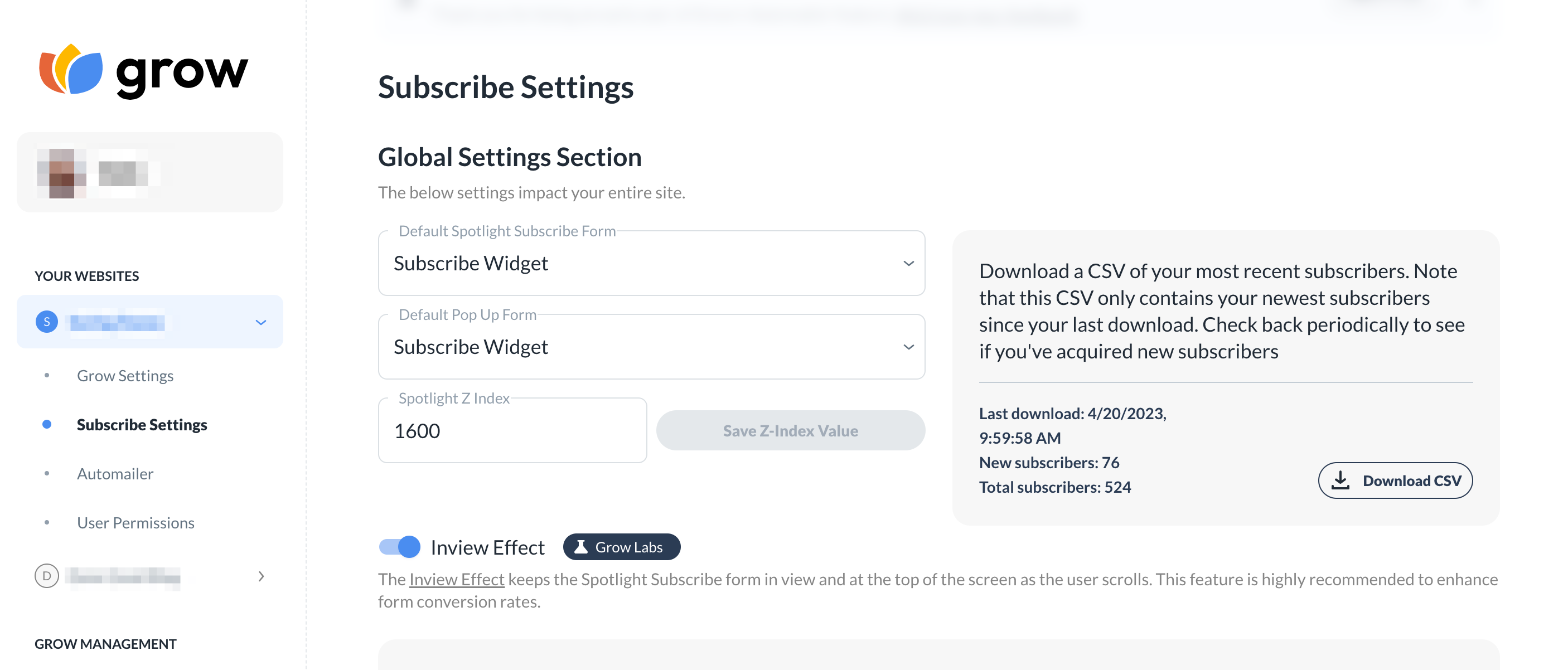 Subscribe Settings Overview – Grow